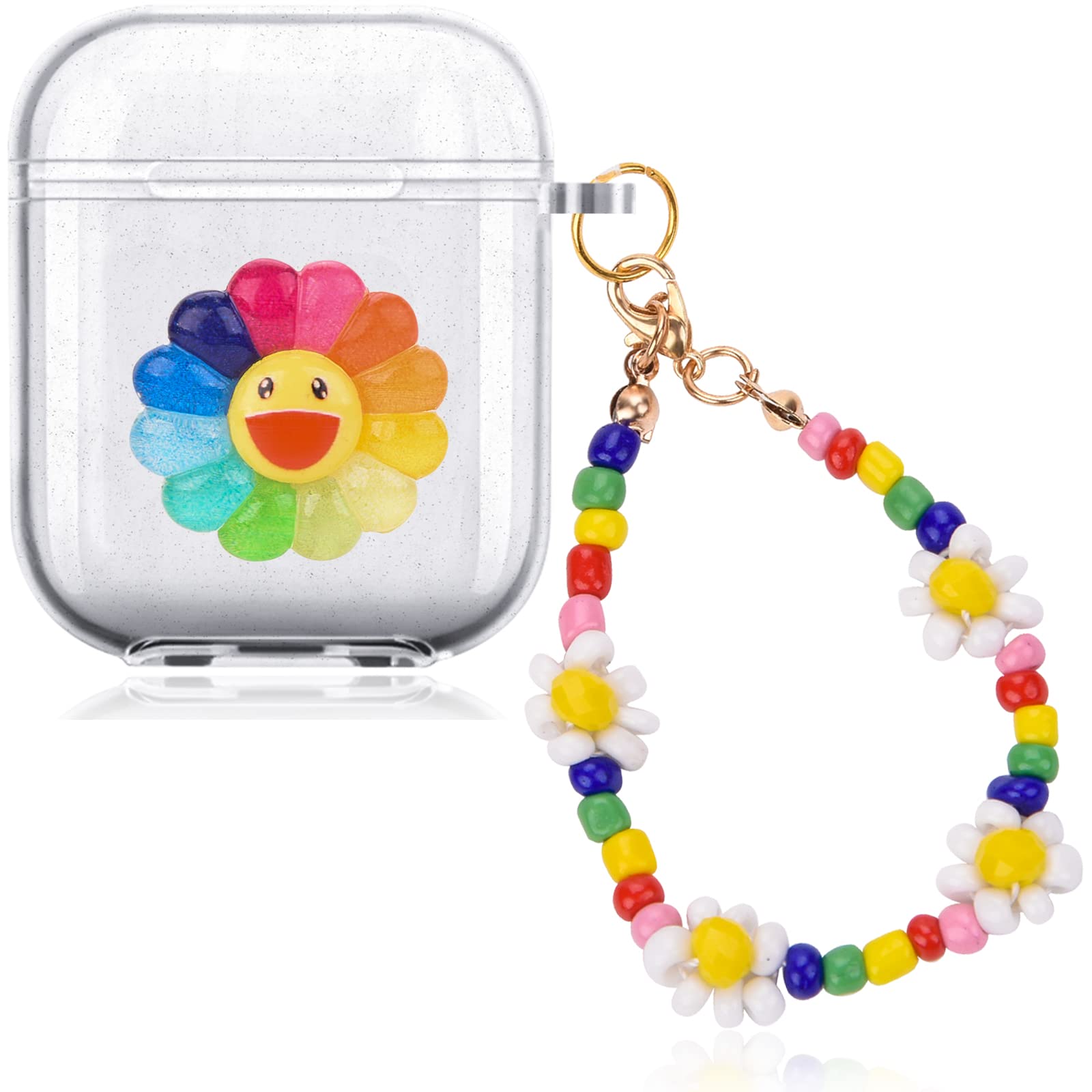 Cute AirPod Case Smile Sun Flower Bracelet Design Soft Clear Glitter Protective Cover for AirPods 1st & 2nd Generation Case
