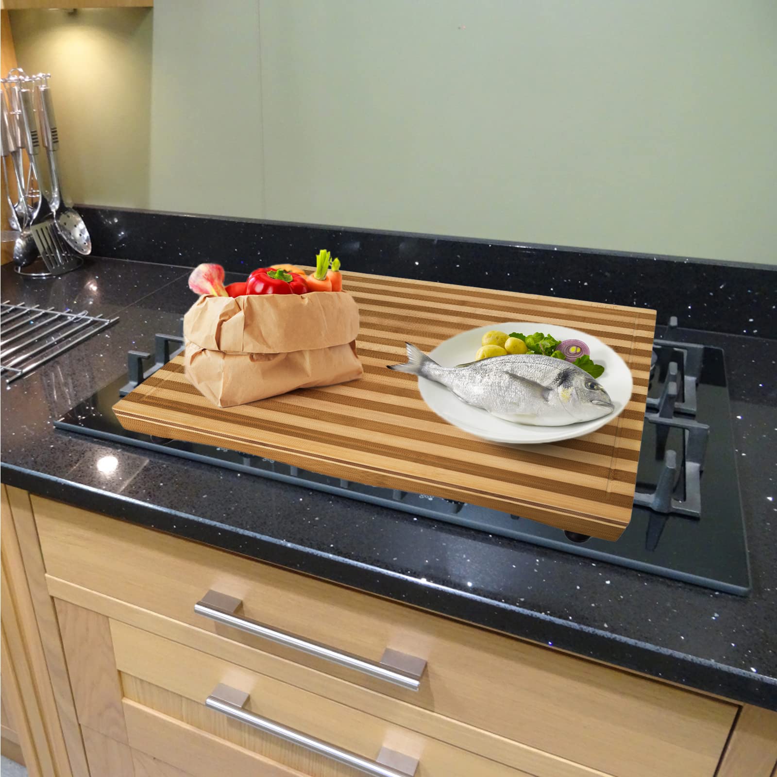 Bamboo Stovetop Cover&Countertop Cutting Board with Adjustable Legs, Dual-purpose Chopping Board for Electric Stove Burner, Workspace Block Cover for RV Camping Camper Gas Cook Top Cover