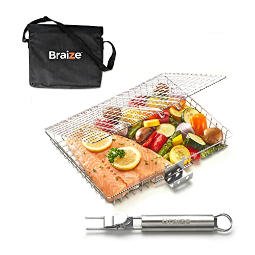 Braize Grill Basket with REMOVABLE HANDLE, fish grill basket - accessories for outdoor grill, cooking accessories, bbq grill. Grilling grilling set camping gear accessories.