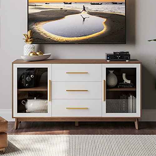 BELLEZE Sideboard Buffet Cabinet with 3 Drawers & 2 Doors, Console Table for Kitchen Glass Storage Cabinet Coffee Bar Accent Cabinet for Living Room Dining Room Hallway, White