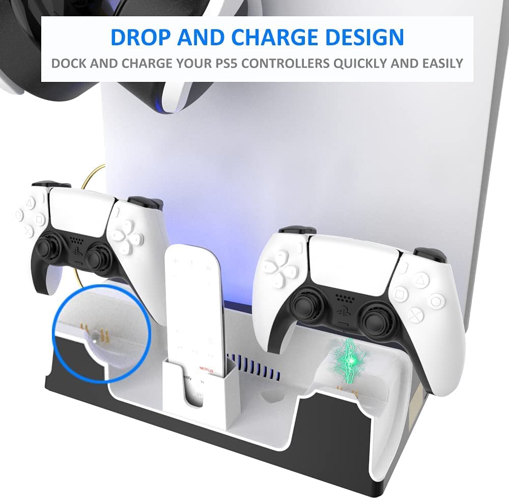 JDDWIN PS5 Vertical Charging Stand with Cooling Fan & Controller Hanger for PS5 Console,PS5 Stand Accessories with Dual Controller Charger and Game Rack Storage Organizer with 3 USB Ports