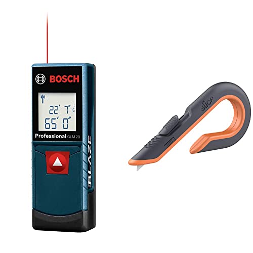 BOSCH GLM20 Blaze 65ft Laser Distance Measure with Real Time Measuring,Blue | Slice - 10400 Box Cutter, 3 Position Manual Button with Ceramic Blade, Locking Blade
