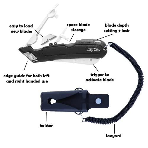 Box Cutter, 3 blade depth setting, Squeeze Trigger and Edge Guides, Holster, Lanyard, Extra Blade - 1000 white