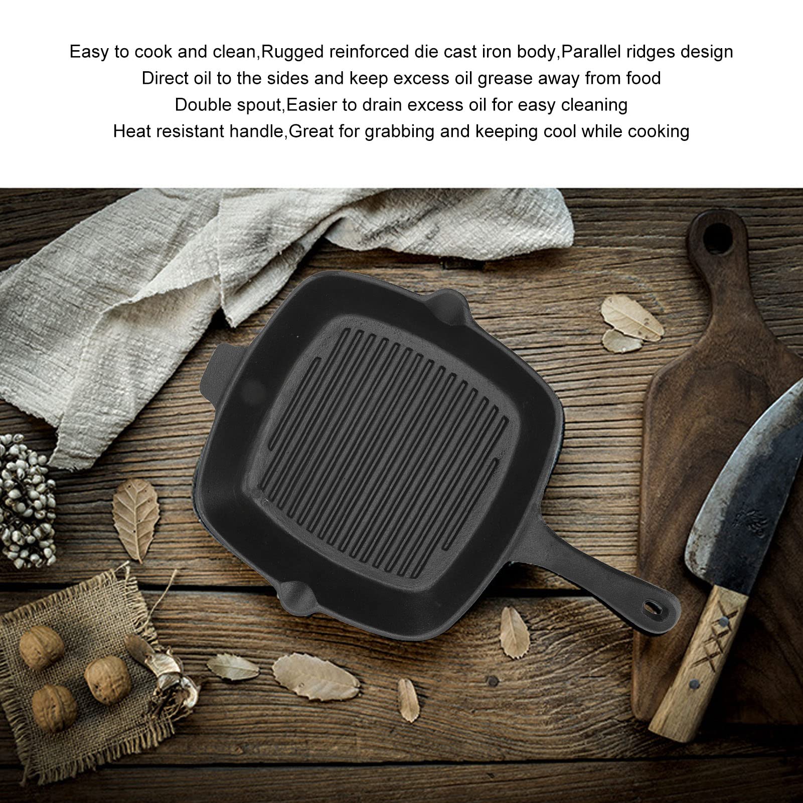 AURORAGRACE Cast Iron Large Capacity Grill Pan Skillets for Meat Fish Steak Vegetables Outdoor Fry Pan
