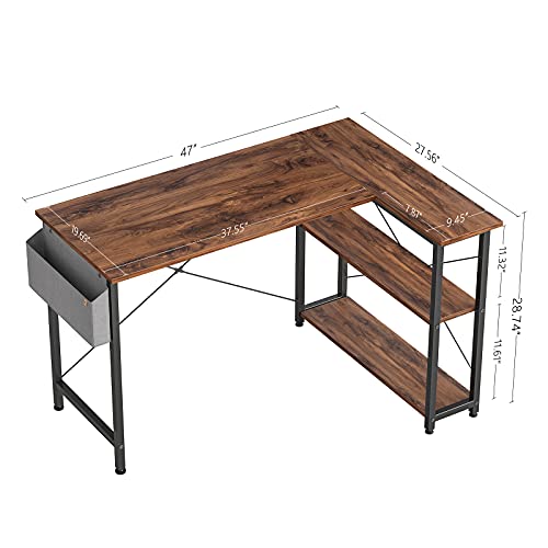 CubiCubi 47 Inch Small L Shaped Computer Desk with Storage Shelves Home Office Corner Desk Study Writing Table, Deep Brown