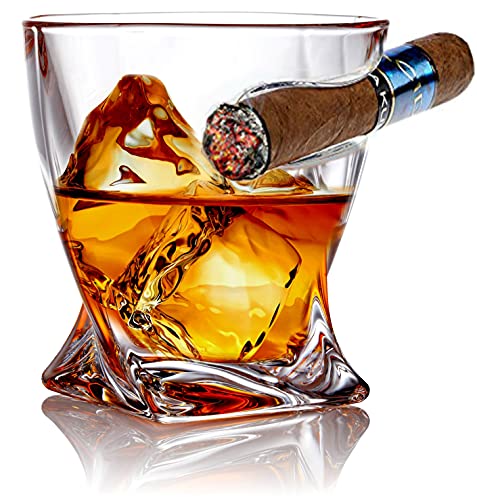 Bezrat Old Fashioned Whiskey Cigar Glasses With Side Mounted Cigar Holder + Whisky Chilling Stones and accessories in Wooden Box - Scotch Bourbon Set for Dad, Husband, Fathers Day, Birthday Gift Set