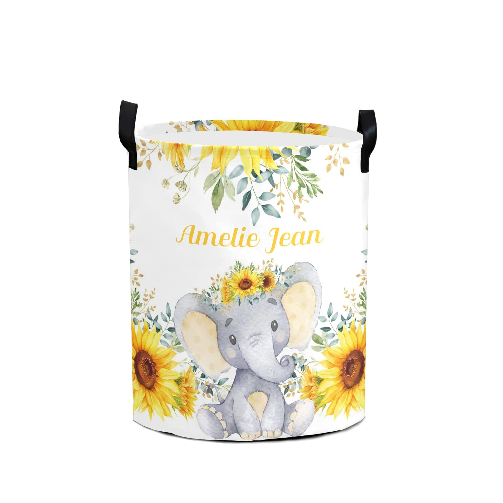 Cute Elephant Watercolor Sunflowers Storage Bin, Waterproof Oxford Fabric Clothes Basket Organizer for Laundry Hamper,Toy Bins,Gift Baskets, Bedroom, Clothes,Baby Nursery