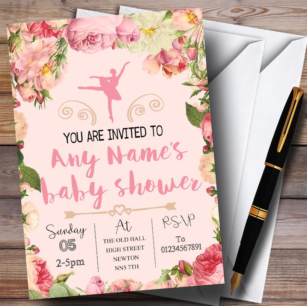 The Card Zoo Pink Roses Ballerina Ballet Invitations Baby Shower Invitations