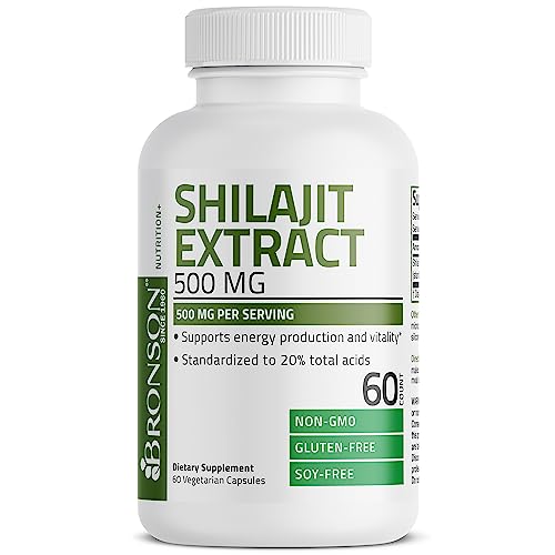 Bronson Shilajit Extract 500 MG Per Serving, Supports Energy Production & Vitality, Standardized to 20% Total Acids, Non-GMO, 60 Vegetarian Capsules