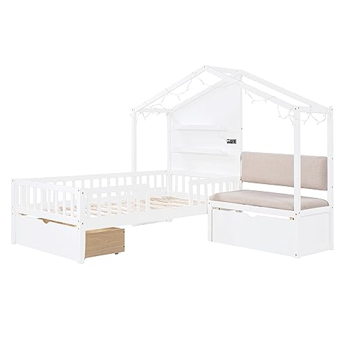 BIADNBZ Wooden Twin Size House Bed with Upholstered Sofa, House Bedframe with Charging Station, Wireless&Charging, Shelves and Two Drawers for Boy/Girl/Bedroom,White