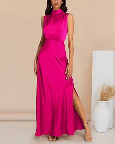 BTFBM Women Sleeveless Mock Neck Cocktail Dresses Keyhole Elastic Waist Party Wedding Guest Satin High Split Maxi Dress(Solid Rose Red, Medium)