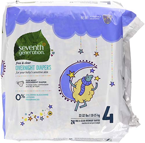 Seventh Generation Baby Overnight Diapers, Free & Clear, Stage 4, 22-32lbs, 24 count (Packaging May Vary)