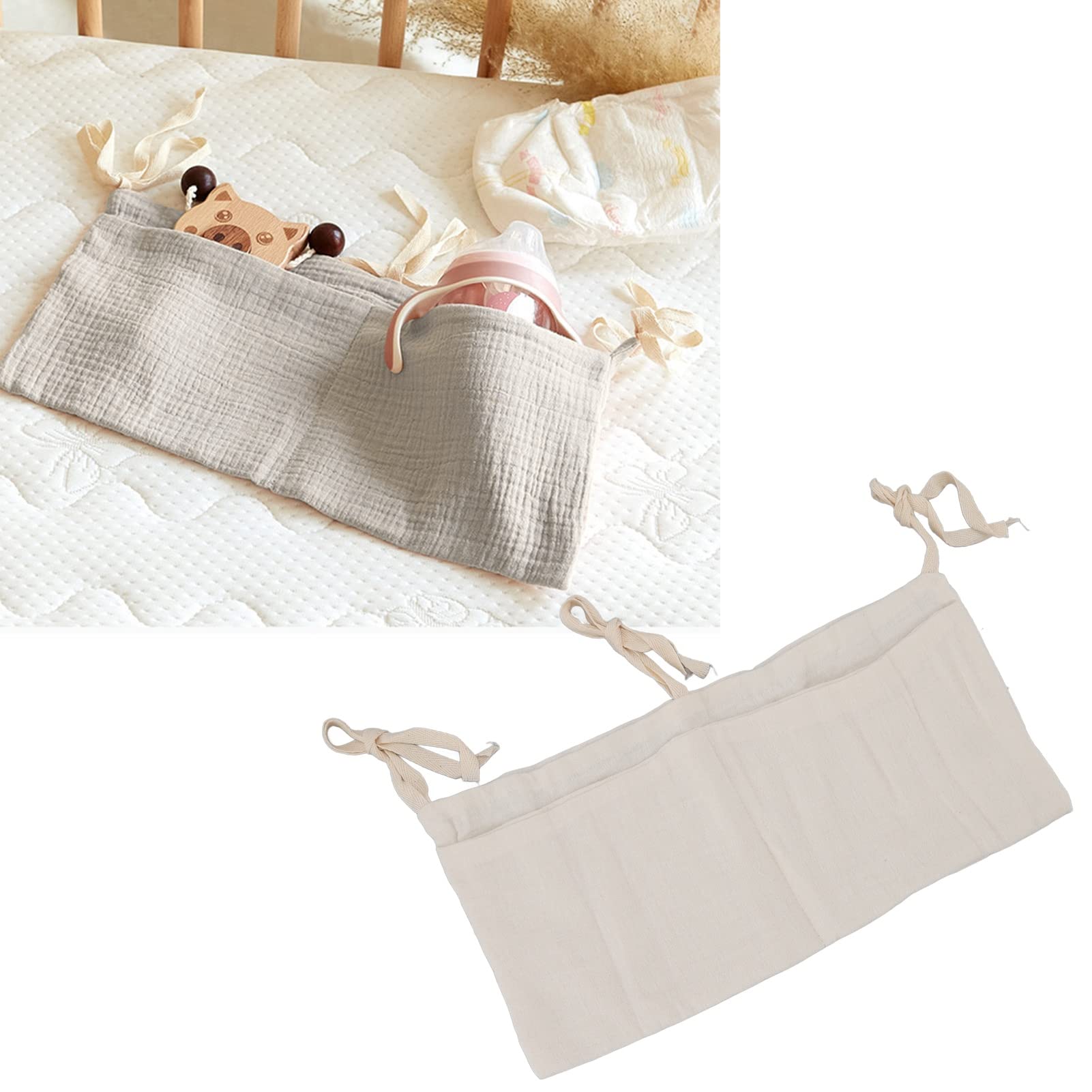 Baby Bed Hanging Bag, Baby Bedside Toy Bag Strap Pure Cotton Fabric 2 Pockets for Home (Beige)