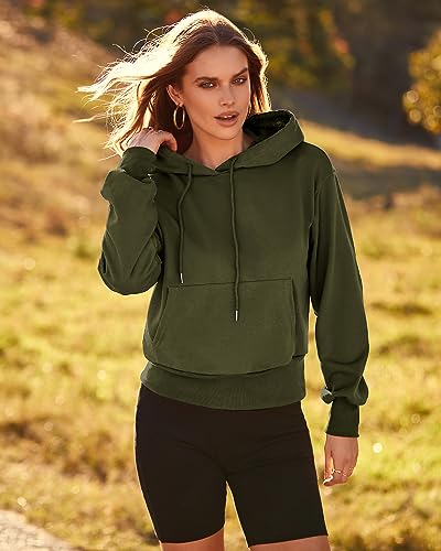 BTFBM Women's Casual Long Sleeve Cropped Hoodies Pullover Fall Winter Fashion Drawstring Sweatshirts Tops Pockets(Solid Army Green, Large)