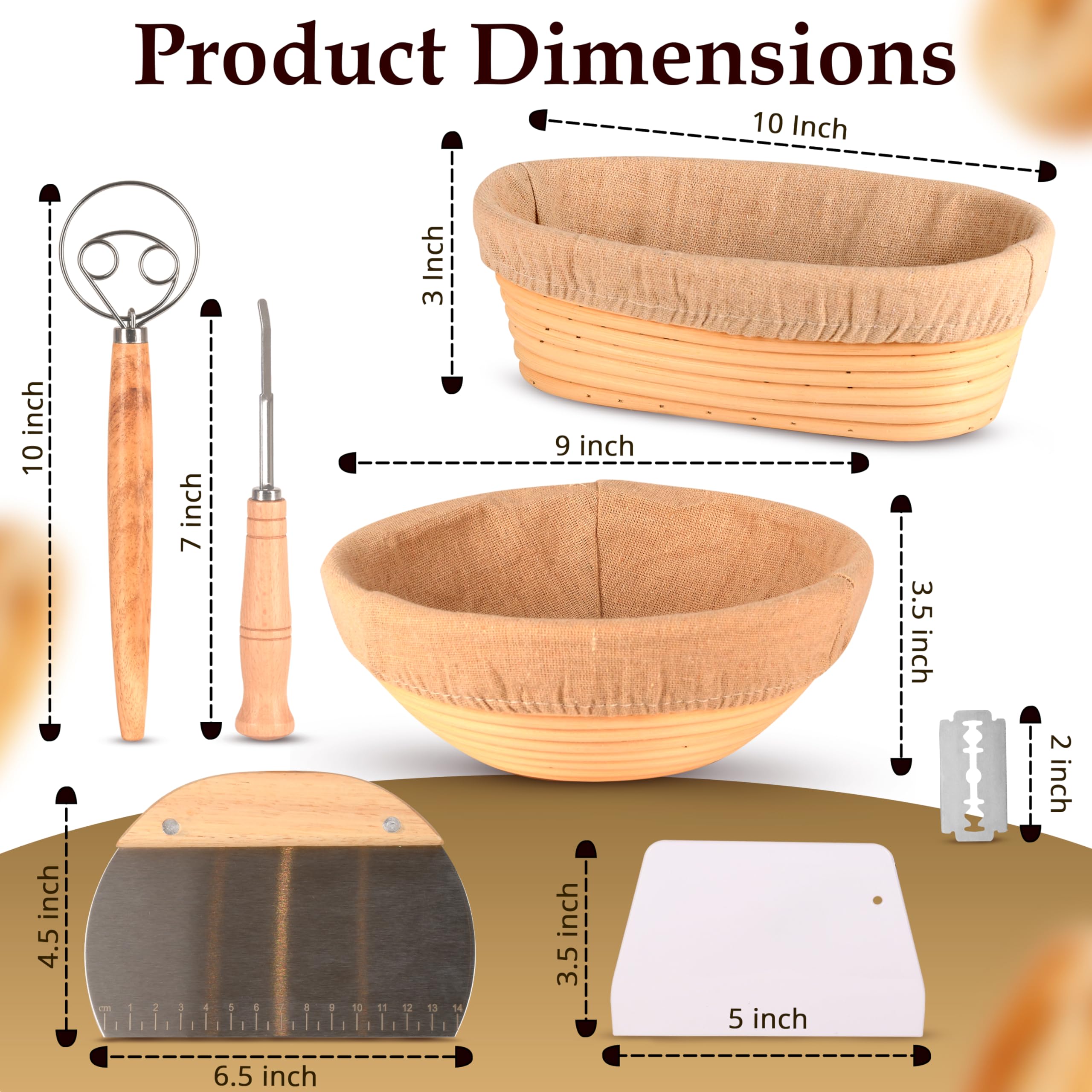 Banneton Bread Proofing Basket Set of 2-9 inch Round & 10 inch Oval Sourdough Basket, Sourdough Bread Kit with Bread Lame, Dough Scraper, Dough Whisk and Linen Liners, Bread Making Tools and Supplies