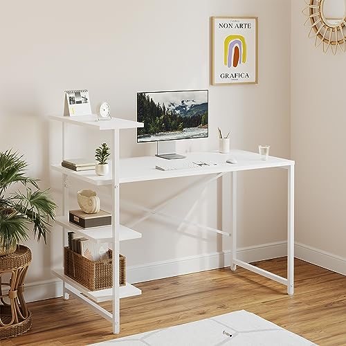 CubiCubi Small Computer Desk with Storage Shelves, 47 Inch Home Office Desk Study Writing Table for Small Space, White