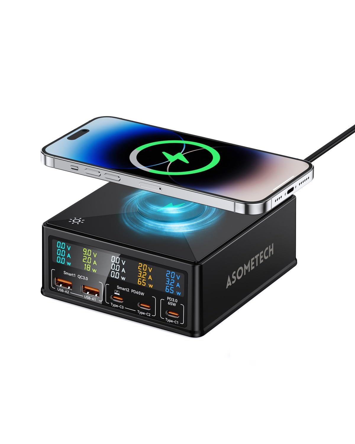ASOMETECH Charging Station, 160W 5-Port USB C with 65W PD, QC3.0, Wireless Charger, LCD Display for MacBook, Laptop, iPad, iPhone, Samsung