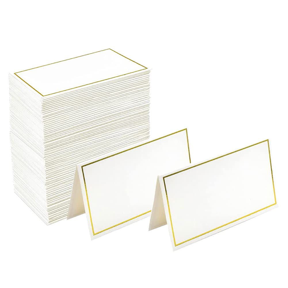 ccHuDE 50 Pcs Table Tent Cards Blank Place Cards Party Food Labels Table Setting Tags Folded Name Card Dinner Seating Cards with Gold Foil Border for Weddings Banquets