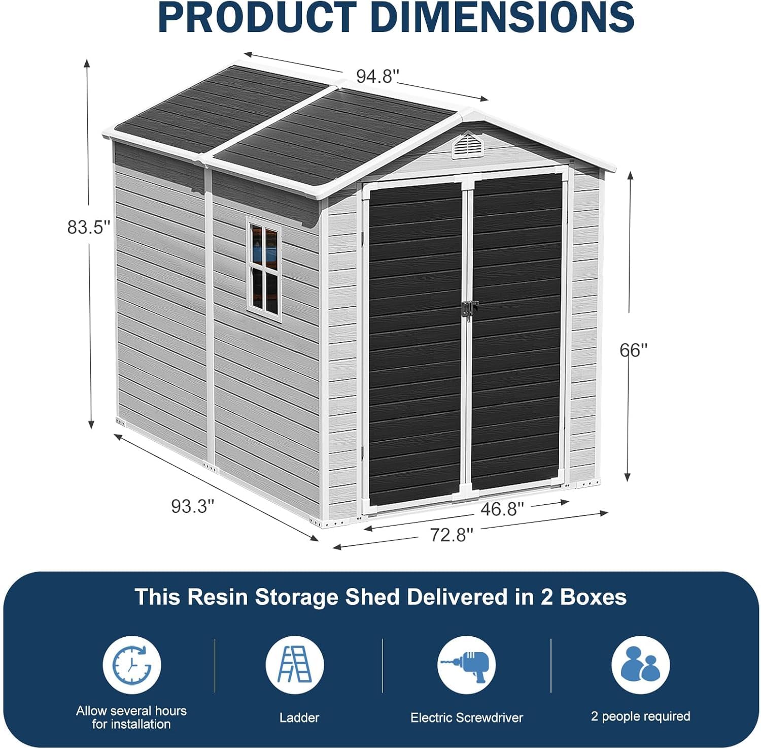 CDCASA 8x6 FT Resin Storage Shed, Waterproof Large Outdoor Shed with Floor & Lockable Door & Window & Vents, Plastic Tool Shed for Backyard, Patio, Poolside, Lawn, Gray