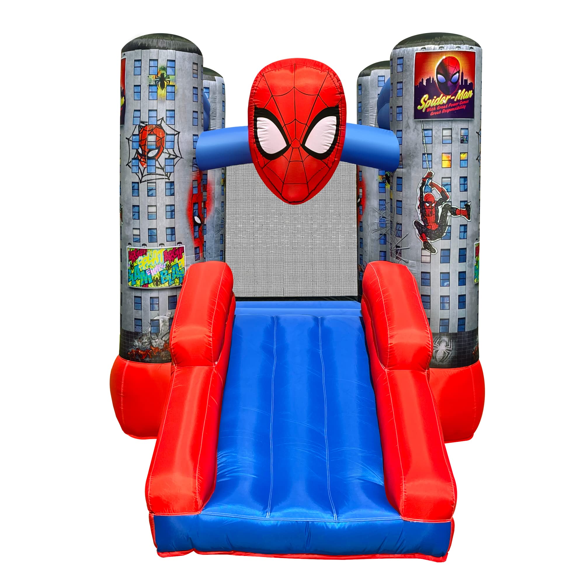 Funormous Marvel Spider-Man Bounce House with Slide, Kids Inflatable Spiderman Bouncy Castle Indoor Outdoor Plus Heavy Duty Air Blower