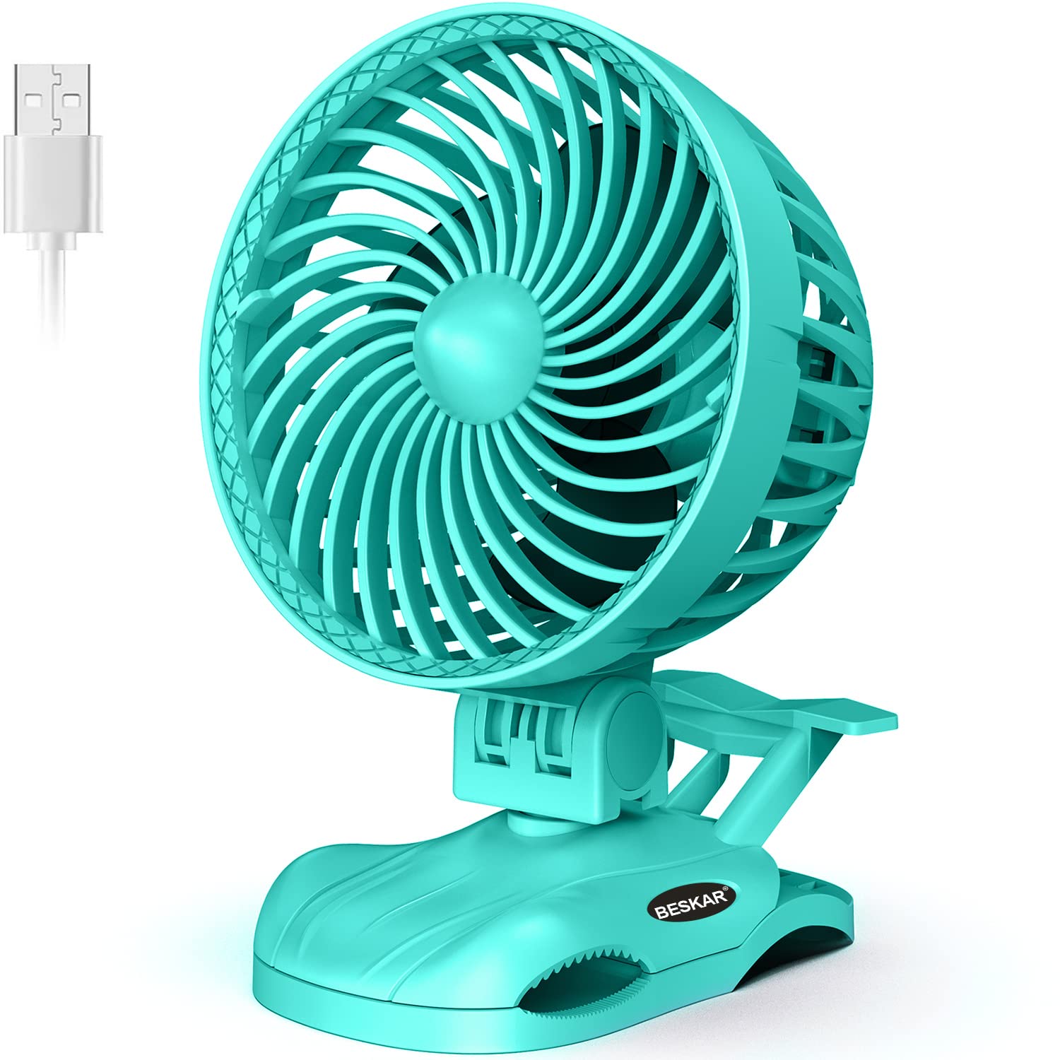 Small Clip on Fan - Personal USB Fan CVT Speeds and Strong Clamp, Adjustable Tilt, Quiet Operation, 6 Inch Desk Fan for Office Bed Treadmill Stroller - USB Cord Plug in Powered
