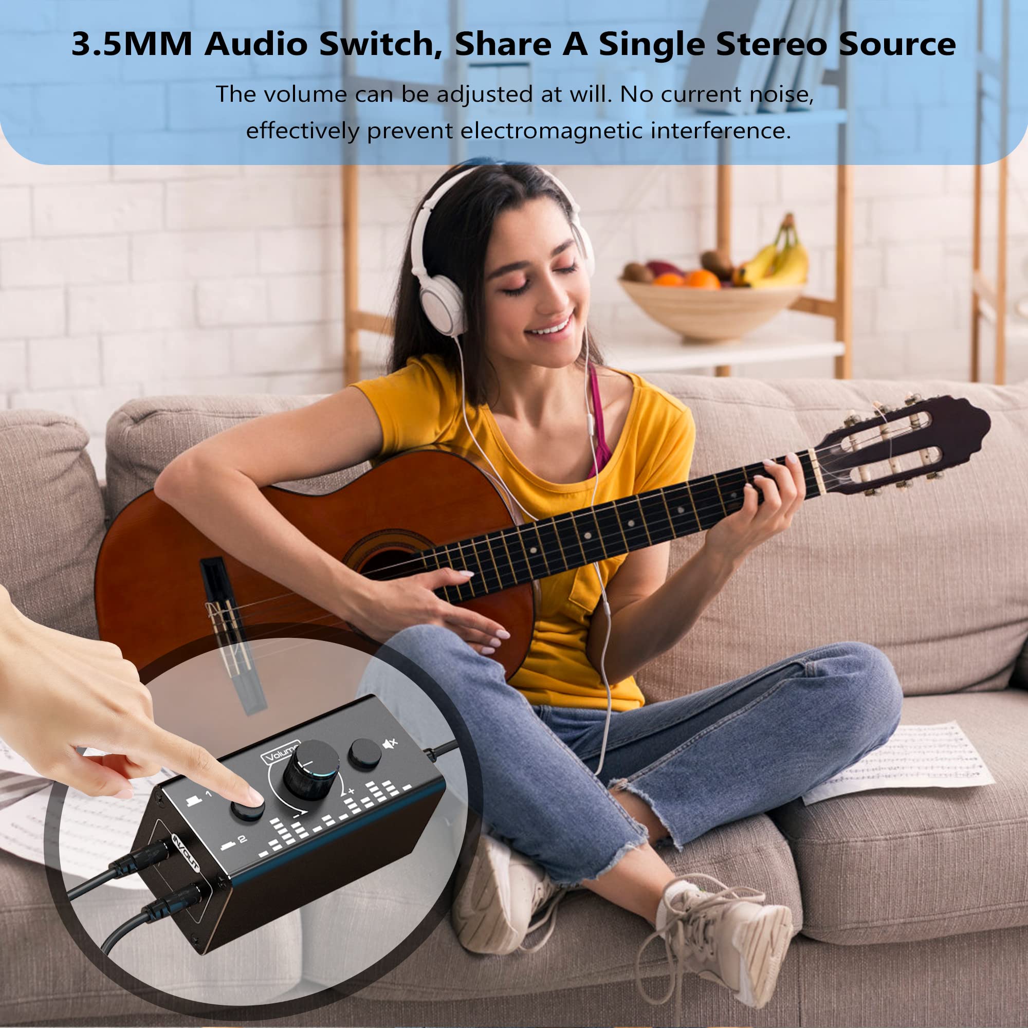 avedio links Audio Switcher Bi-Directional, 2 Way 3.5mm Aux Audio Switch Selector Box, 2 Port Audio Sharing Box, Volume Adjustable, One Key Mute for MP3, Speaker, Headphone, PC (2 in 1 Out/1 in 2 Out)