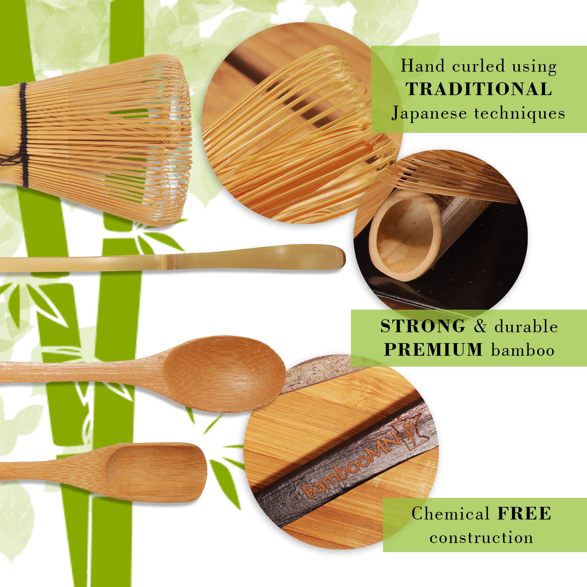 BambooMN Brand - Matcha Bowl Set (Includes Bowl, Rest, Tea Whisk, Chasaku, & Tea Spoon) 1 Set Black