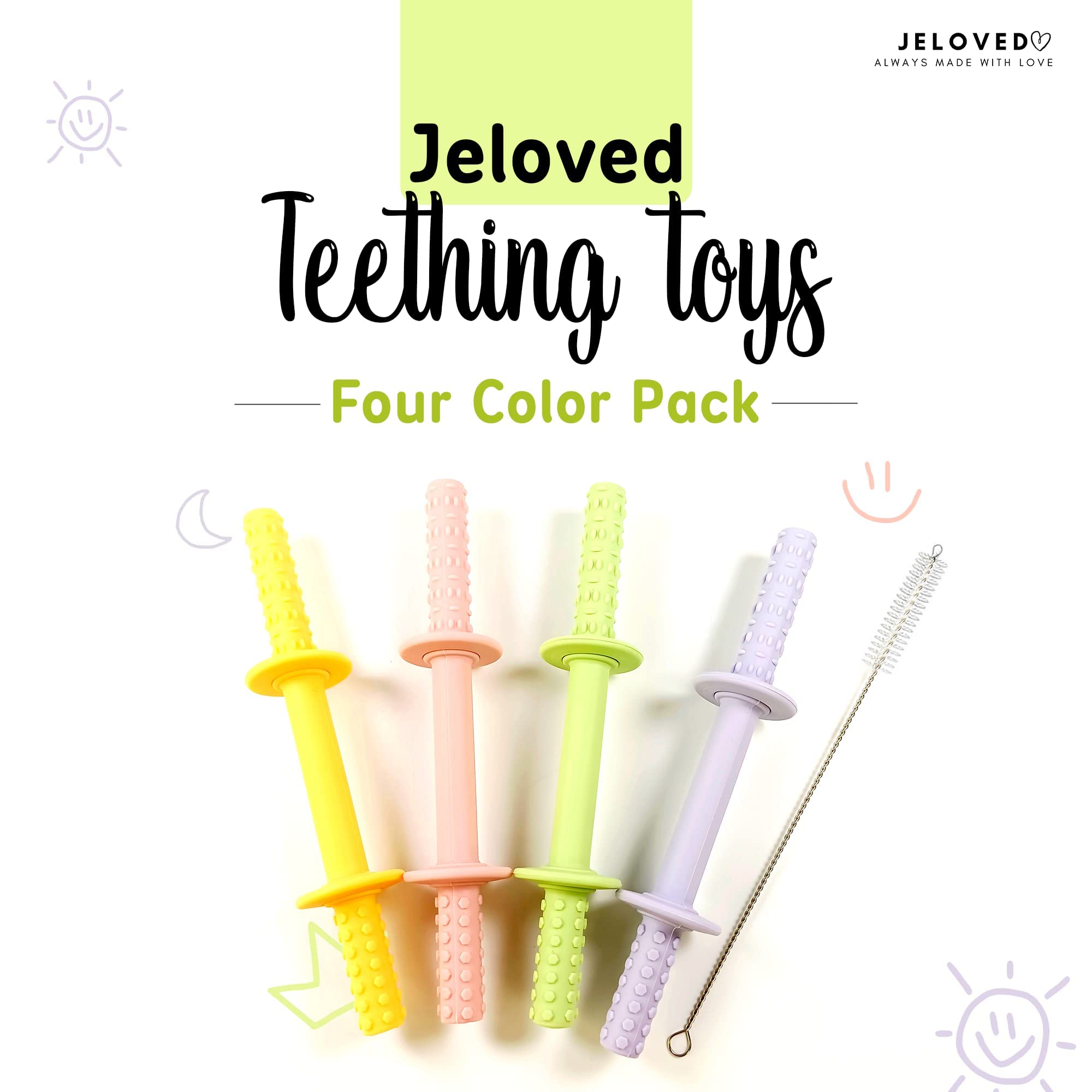 Jeloved Hollow Teether Tubes 4 Pack, Soft Silicone Baby Teething Toys for Baby with Safety Shield, Chew Straws Toy for Babies, Teether Tubes for Infants, BPA Free/Freezable/Dishwasher Safe
