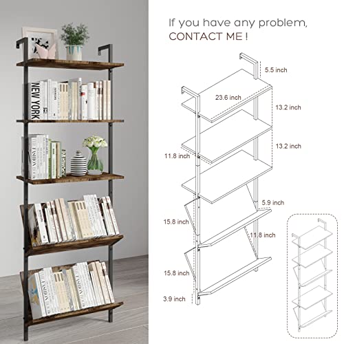 bukfen Ladder Bookshelf, 5 Shelf Modern Bookcase, Wall Mount Industrial Bookshelf, Open Wood Storage Shelves with Metal Frame for Bedroom Office, Rustic Brown