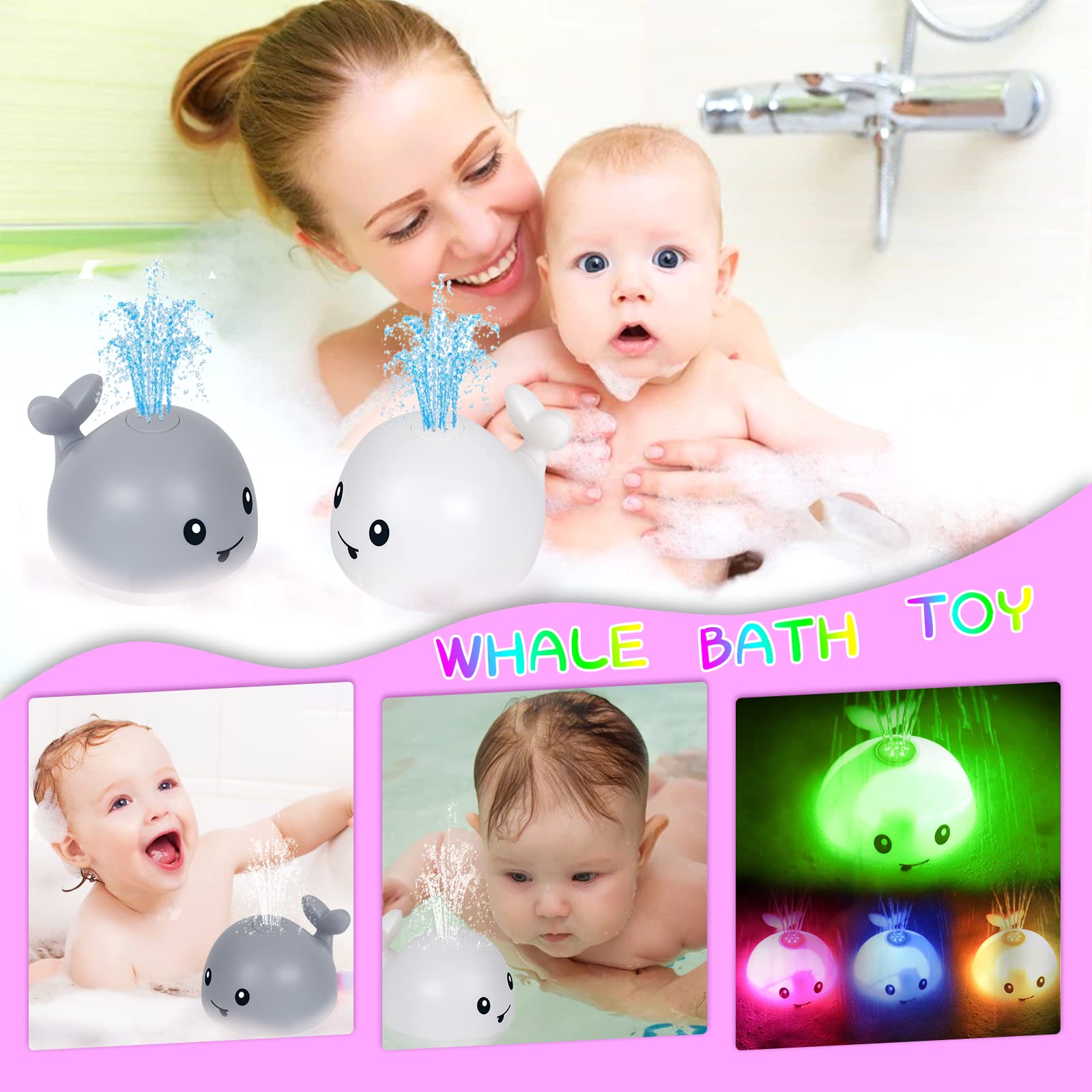 AOLIGE Baby Light Up Bath Toys for Kids (2pcs) Whale Bath Toy Sprinkler Induction Sprinkler Bathtub Toys (2PCS White & Grey Whale)