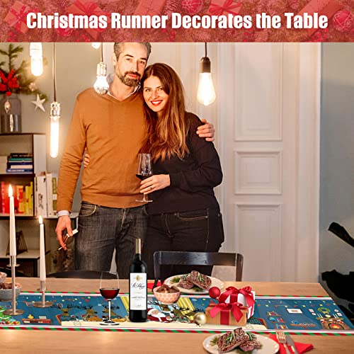 Christmas Table Runners 72 Inches Long, Farmhouse Table Runners Holiday Table Runners, Dining Table Runner with Santa Claus Christmas Trees Reindeers for Xmas Home Kitchen Dining Room Party Decor