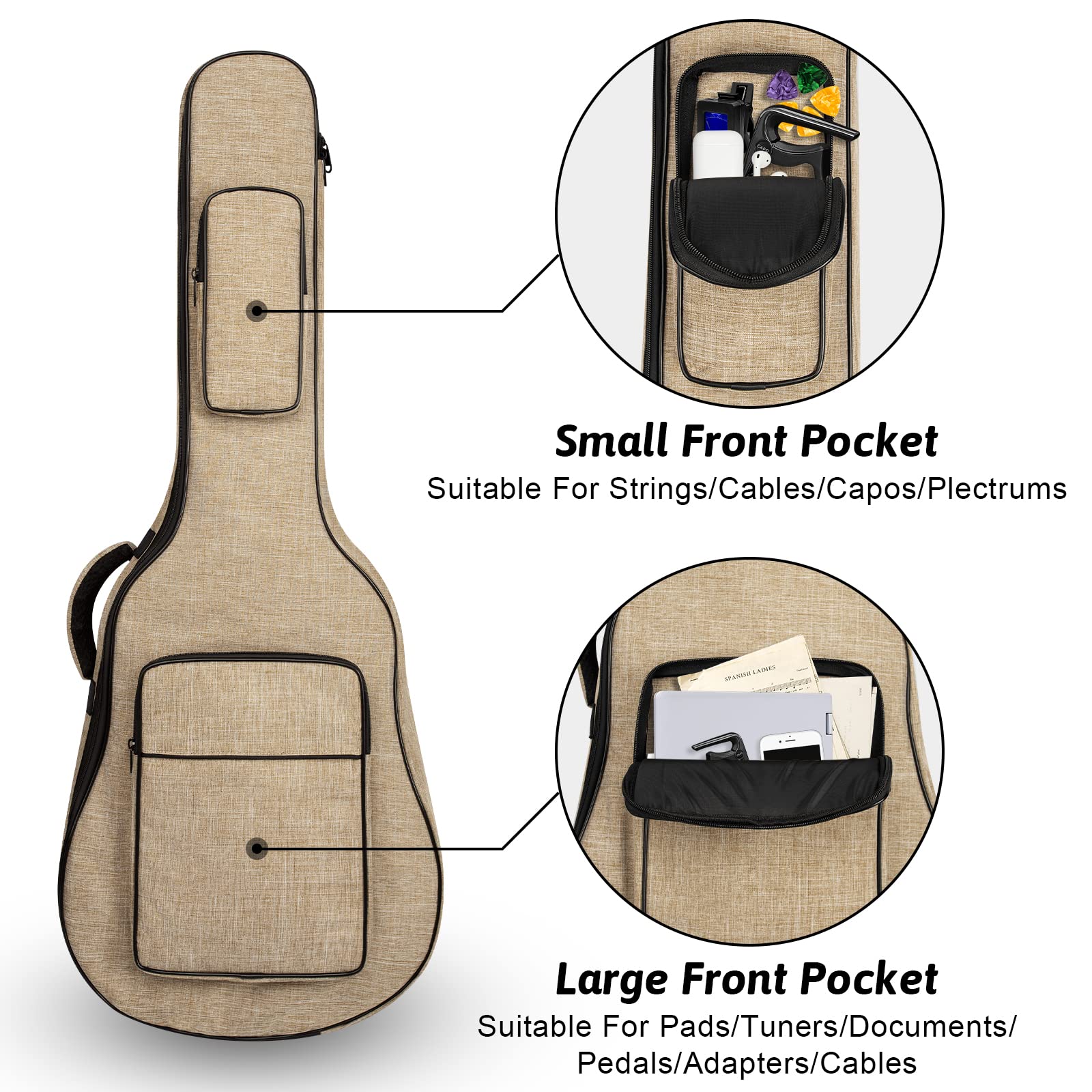 LETSROCK Acoustic Guitar Bag with 0.5 Inch Thick Padding Fit 39 40 41 Inch Acoustic Classical Guitars Waterproof Guitar Gig Bag Guitar Case Khaki