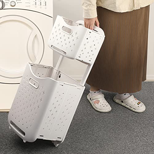 BTSKY Plastic Collapsible Laundry Baskets Wall Hanging Dirty Clothes Hamper with Hidden Pull-rod Multifunctional Plastic Laundry Baskets for Laundry Room Organization Bathroom Hotel and Camping, White