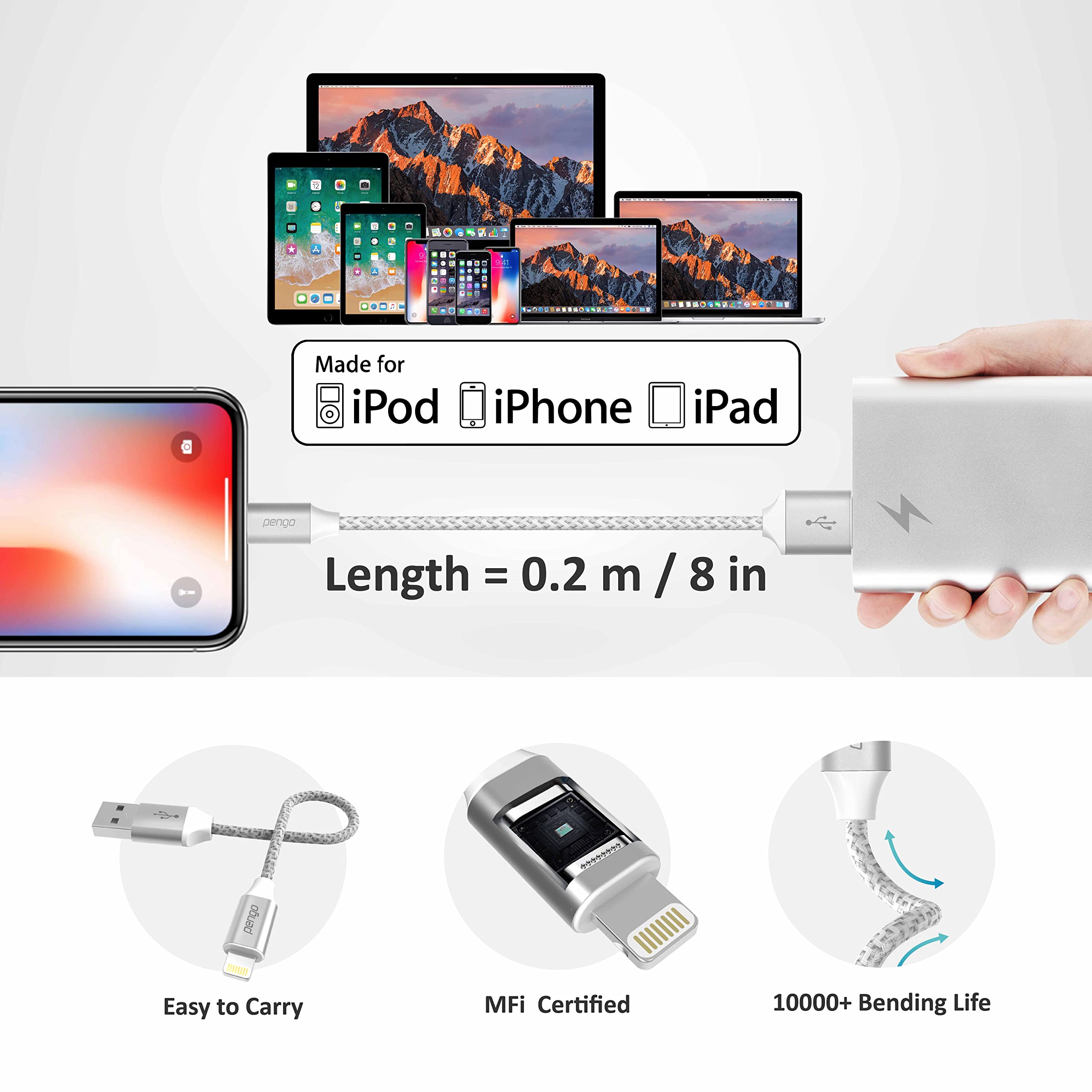 pengo Short Lightning Cable, USB Cable with Lightning Connector, Apple MFi Certified Charger and Sync/Data for iPhone 12/11/X/8/8 Plus 7/7 Plus,Double-Braided Nylon (0.66 ft / 8 in / 0.2 m)(Silver)