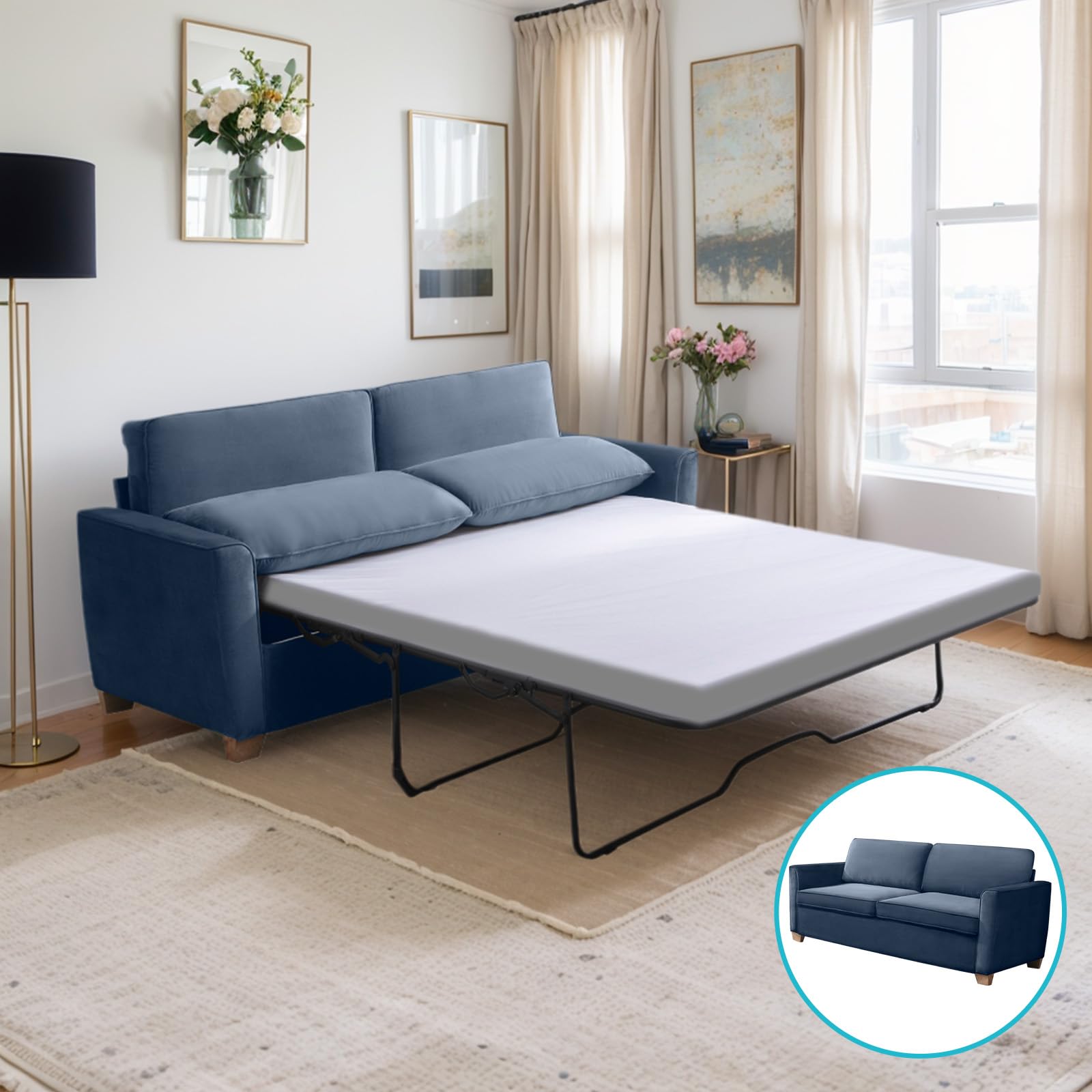 CECER Queen Size Pull Out Sofa Bed, 2-in-1 Loveseat Sleeper Sofa with Foldable Mattress, Upholstered Velvet Convertible Sleeper Couch Bed for Living Room, Apartment, Office-Blue