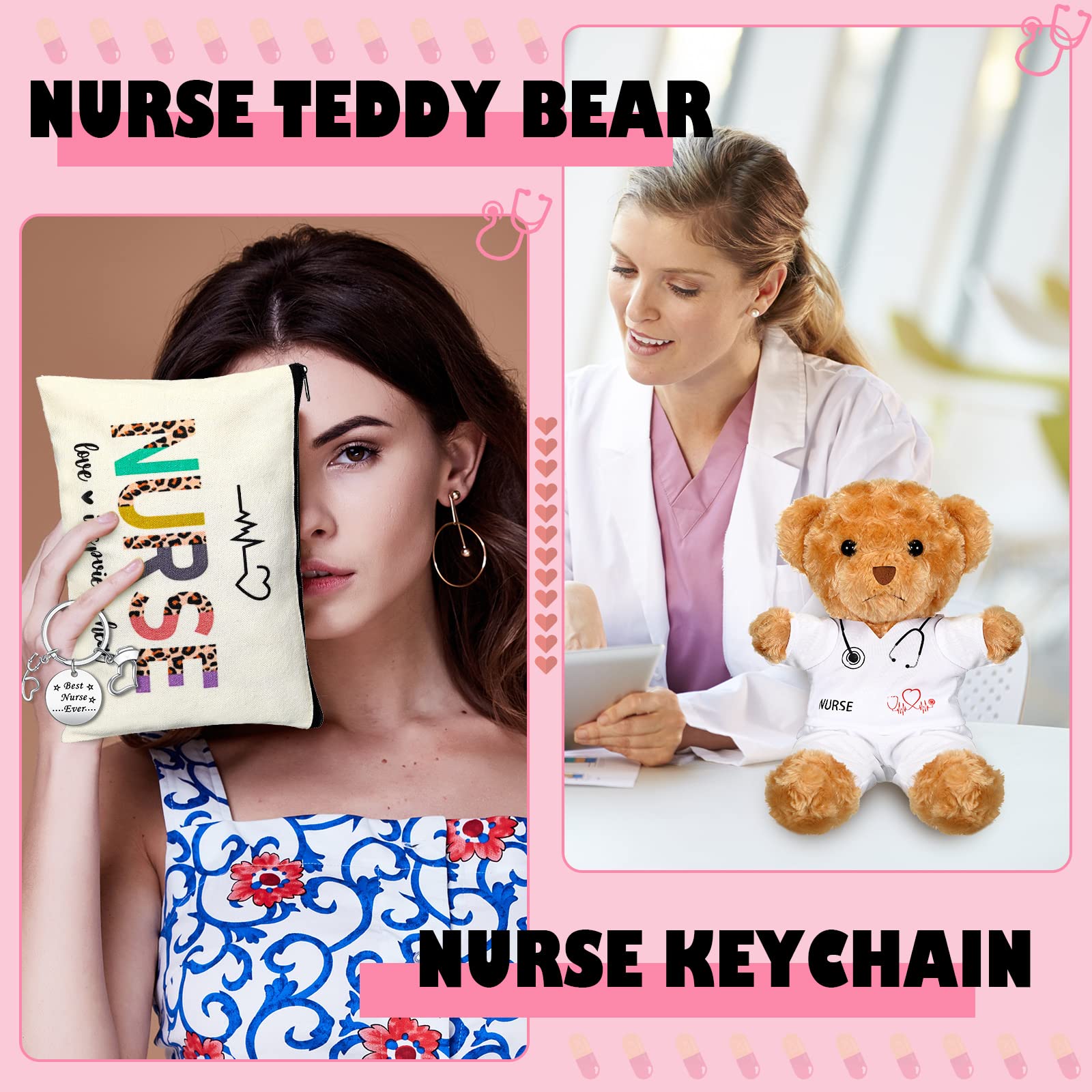 Hinly 2 Pcs Nurse Appreciation Gifts Nurse Bear Plush Toy Stuffed Animal Nurse Keychain Doctor Practitioner Graduation Gifts(White)