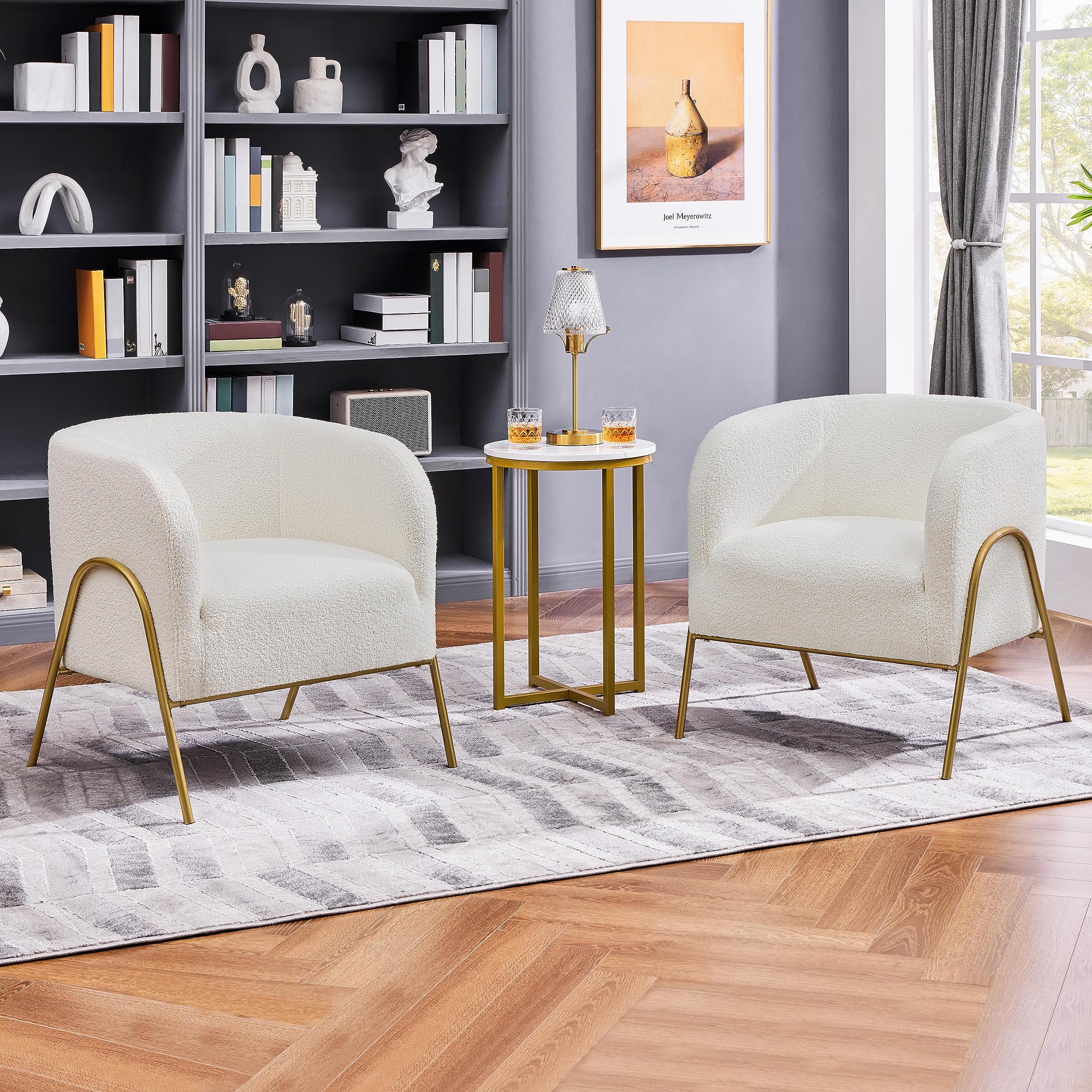Yaheetech Accent Chair Set of 2, Armchair Set, Side Chairs for Living Room, Boucle Fabric Vanity Chairs with Gold Legs for Bedroom Office Readig Nook, Ivory