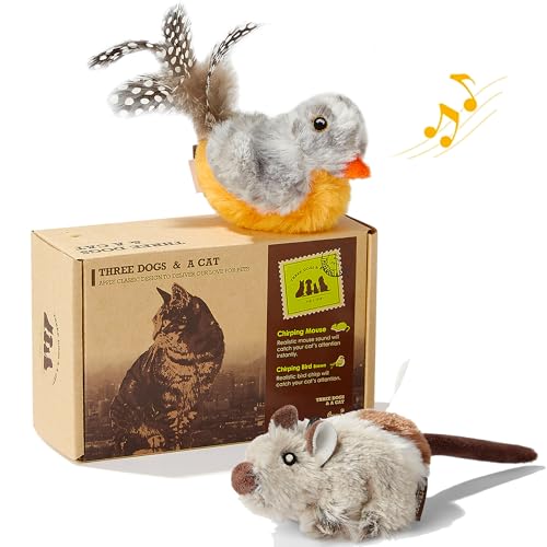 Cat Toys 2 PCS Interactive for Indoor Cats Automatic Squeaking Mouse and Feather Bird Melody Sound Chaser Set Lifelike Plush Electronic Kitty Toy (Grey)