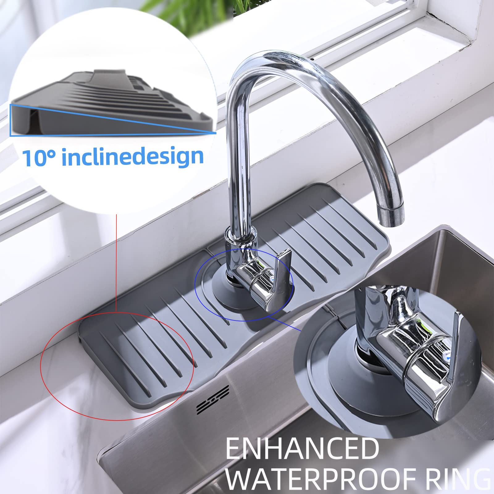 bepinkind Silicone Faucet Splash Guard-[Upgrade Steeper Slope],Silicone Faucet Water Catcher Mat, Silicone Sink Mat for Kitchen/Bathroom,Silicone Faucet Mat Sink Water Splash Guard. (Tilt-White)
