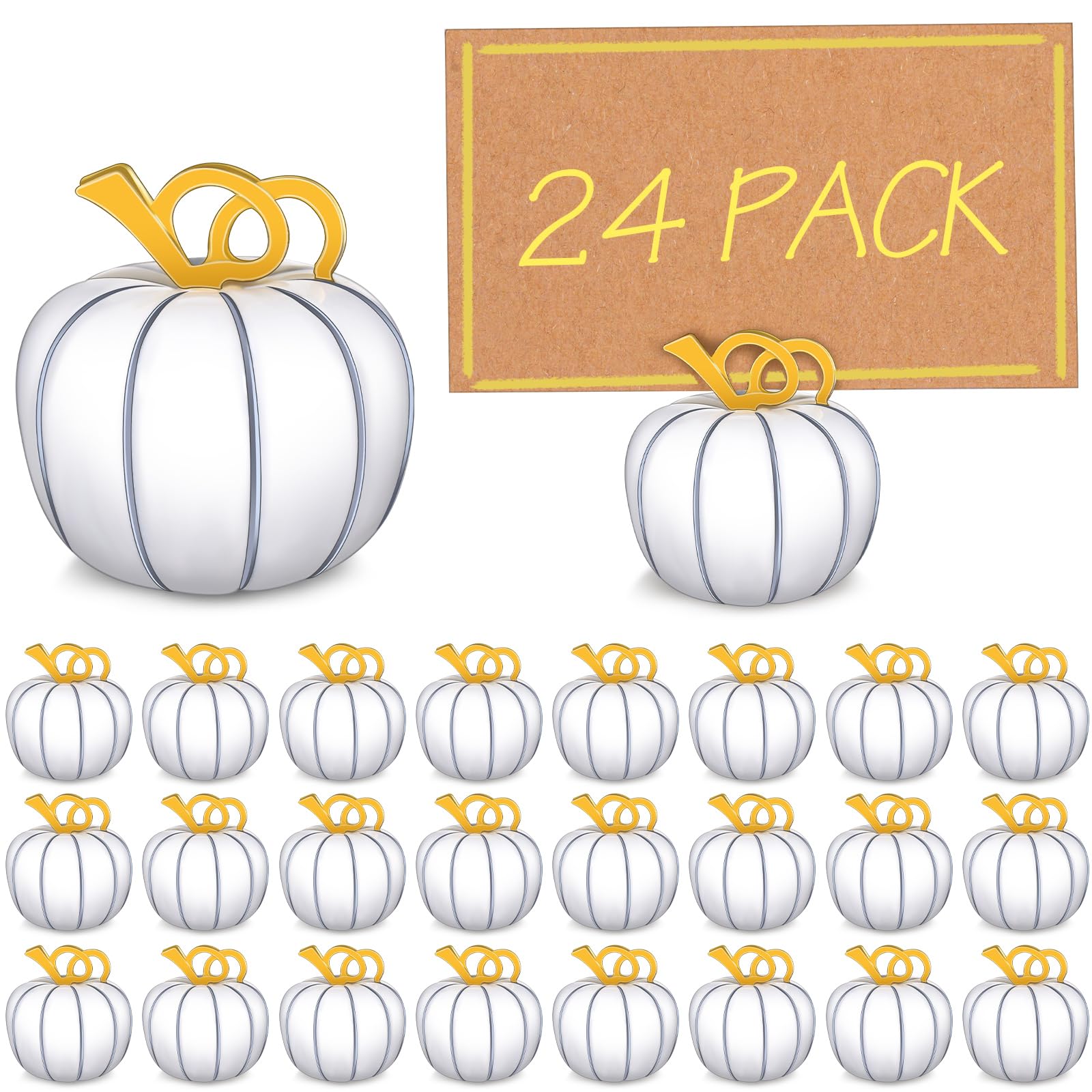 Thyle 24 Pcs Pumpkin Place Card Holder Thanksgiving Pumpkin Stand Holders Mini Pumpkin Photo Holder Fall Table Decoration Harvest Pumpkin Table Number Holders for Party Wedding Table (White)