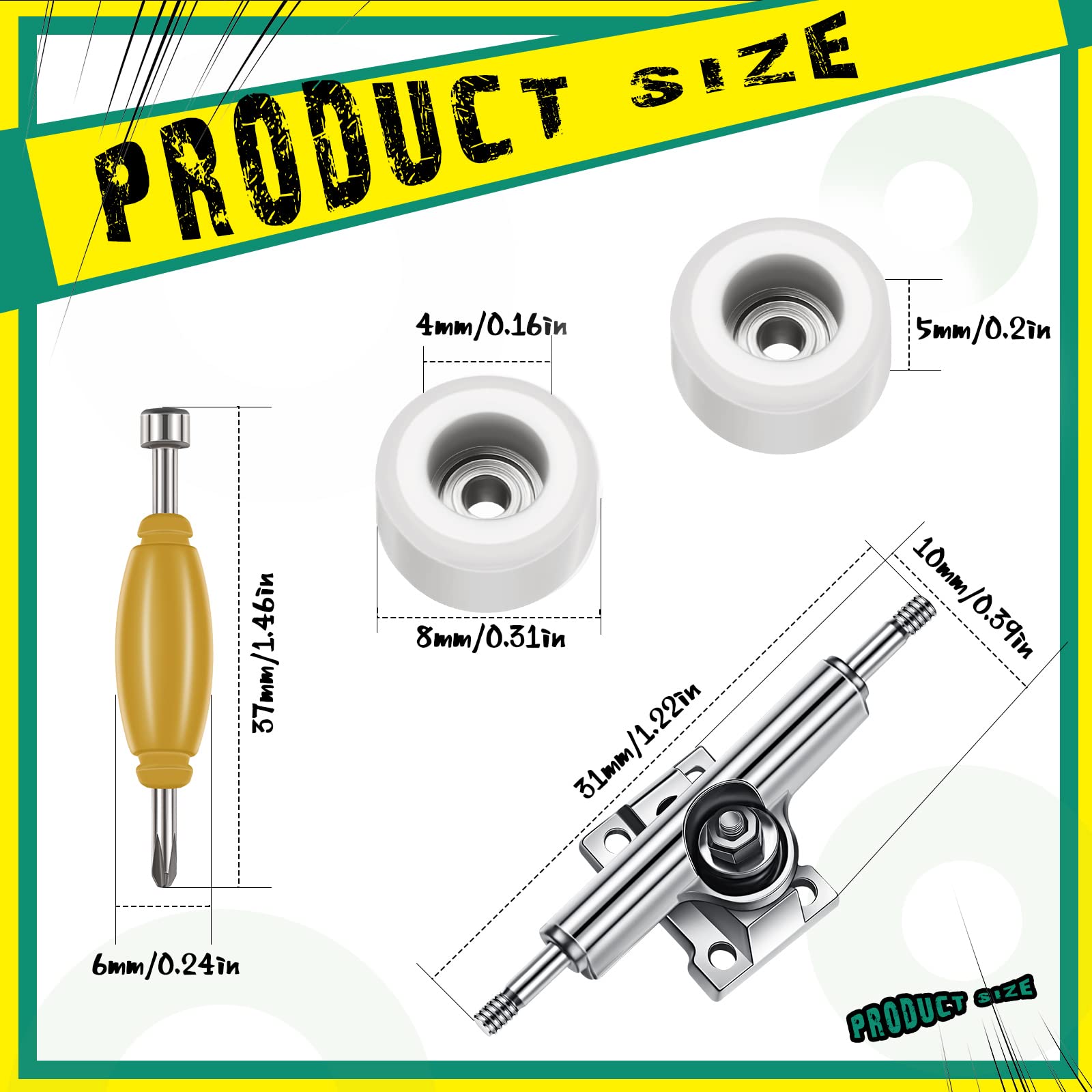 Zhehao 8 Pcs Fingerboard Bearing Wheels Standard Fingerboard Tool Fingerboard CNC Lathed Bearing Fingerboard Screwdriver and 2 Pcs Nut Driver for 34 mm Wide Decks Finger Skateboard Trucks (White)