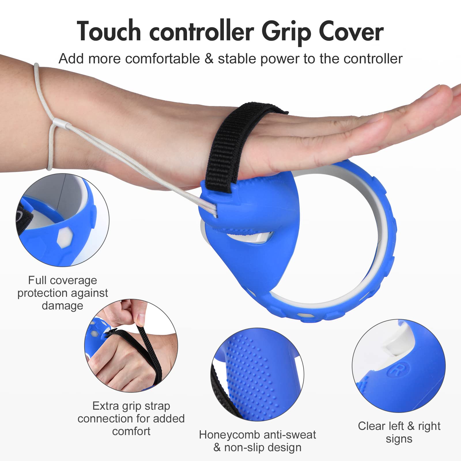 AMLINK VR Silicone Cover Accessories for Oculus Quest 2, VR Shell Cover Protective, Silicone Face Cover, Adjustable Strap Controller Grip Cover and Remote Sensing Rod Cap(Blue)