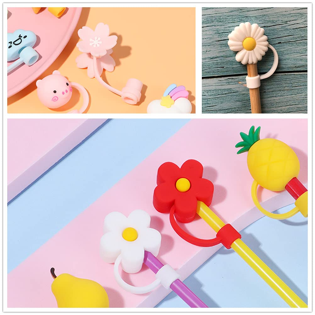 Beyonday 9pcs Silicone Flower Shape Straw Cover Cap Kit, Reusable Drinking Dust Plugs Set Cartoon Cherry Blossom Daisy Sunflowers Shape Spill Proof Straw Tips Cover Cup Stopper Cup Accessories