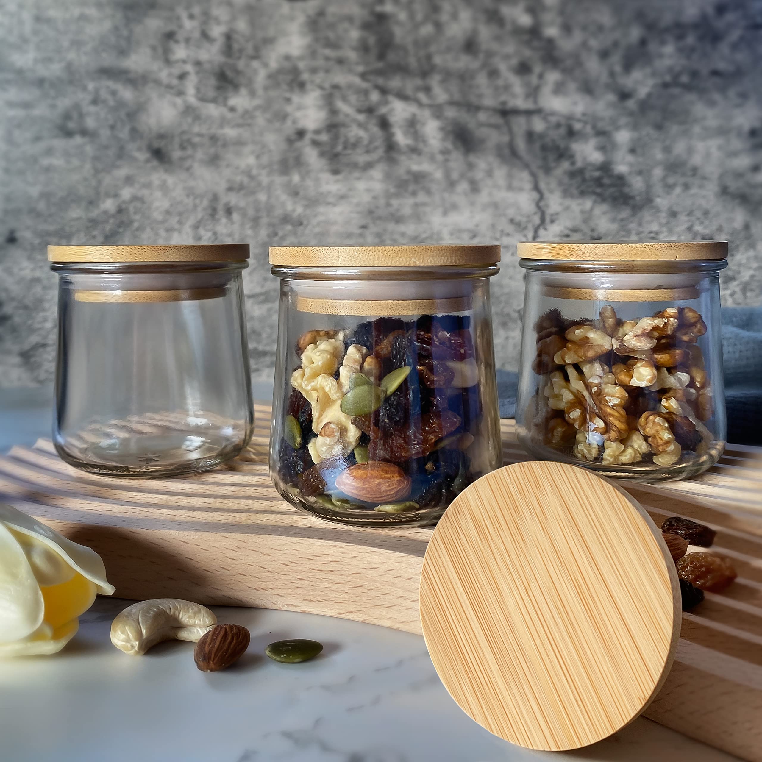 Oui Yogurt Jar Lids-12 pack Oui Lids-Natural Bamboo Wood with Silicone Sealing Rings and Oui Yogurt Bottle Label,For 5 Oz Oui Yogurt Jars