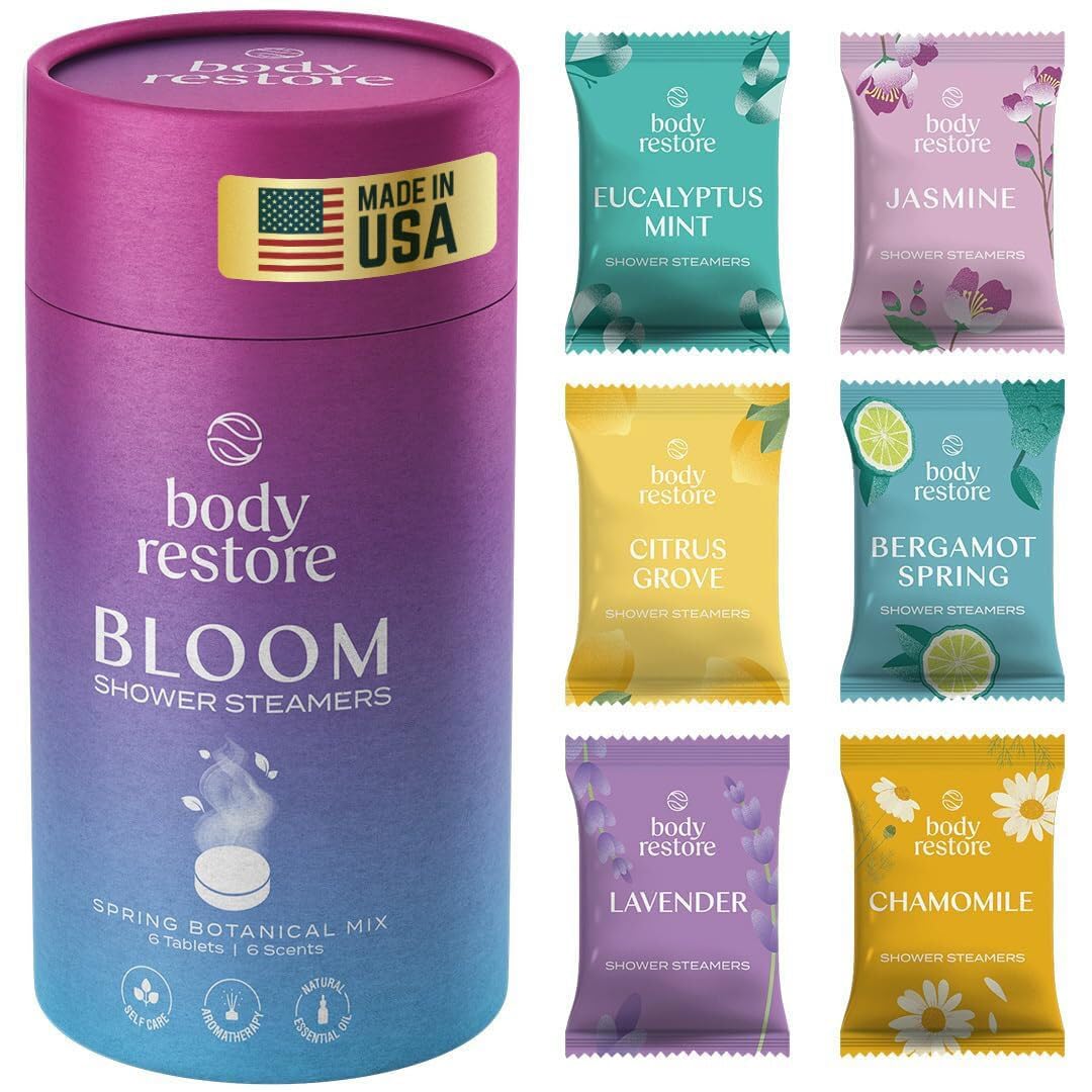 Body Restore Bath Bombs Aromatherapy 6 Pack - Christmas Gifts for Women, Stocking Stuffers, Birthday Gifts for Mom, White Elephant Gift, Travel Essentials - Bloom Shower Steamers