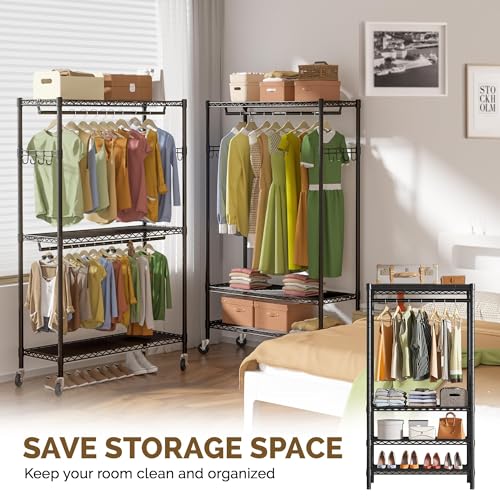 FSUON Heavy Duty Rolling Garment Rack, 1" Diameter Rods, 3 Tiers Adjustable Wire Shelving Clothes Rack with Double Rods and Side Hooks, Freestanding Wardrobe for Hanging Clothes, Black