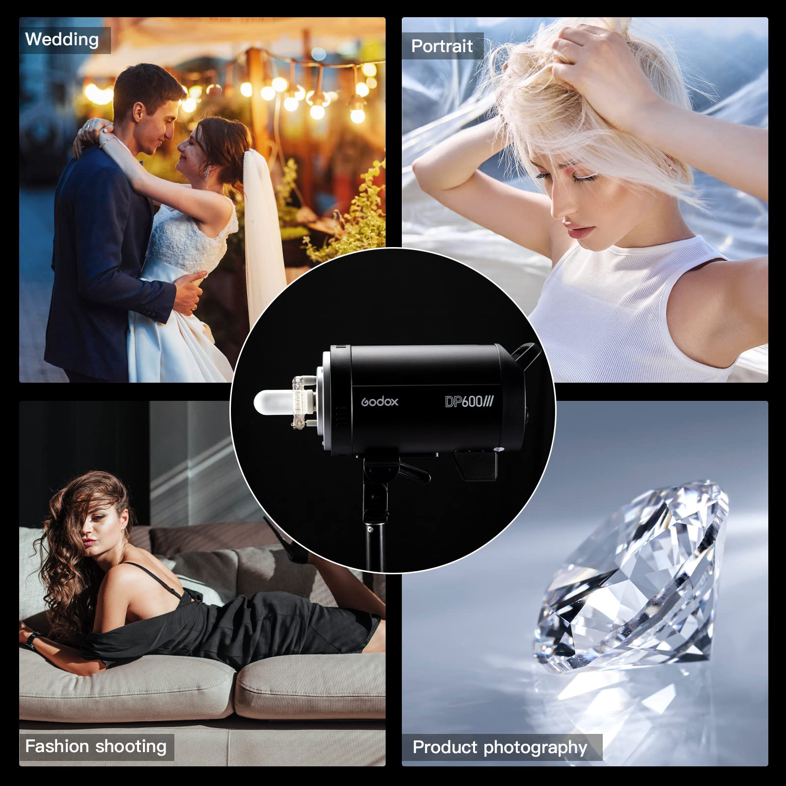 Godox DP600III 600Ws GN80 Studio Flash Strobe Monolight with Bowen Mount, 5600K±200K, 1/2000-1/800S Flash Duration, 1s Recycling time, Built-in Godox 2.4G Wireless System(110V)