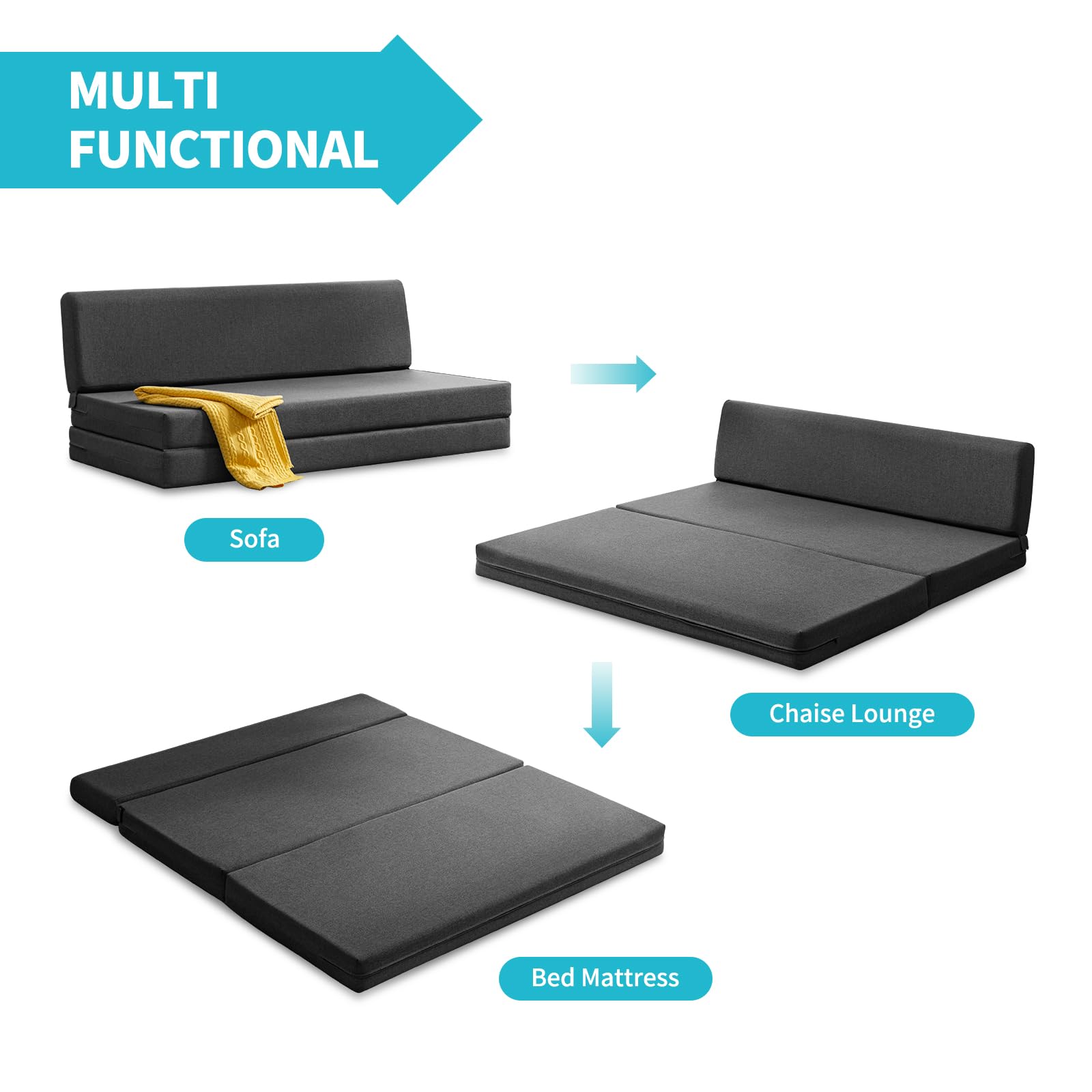 CECER Twin Size Folding Sofa Bed,Twin Bed Mattress Folding Foam Mattress,Upholstered Convertible Floor Mattress,Fold Down Guest Sofa Bed for Living Room/Office/Apartment(Dark Grey)