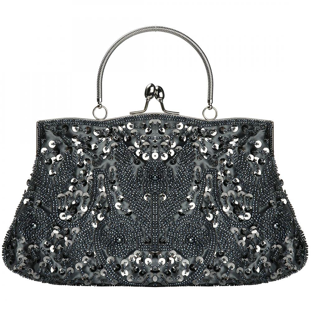 jessie Women's Evening Bag Party Wedding Bag Vintage Beaded Clutch Bag for Women Cocktail Party Handbags (Gray mechanical plate)