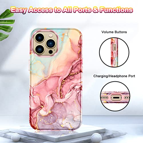 Btscase Compatible with iPhone 13 Pro Max Case 6.7 Inch 2021,Marble Pattern 3 in 1 Heavy Duty Shockproof Full Body Rugged Hard PC+Soft Silicone Drop Protective Women Girl Phone Cases, Rose Gold